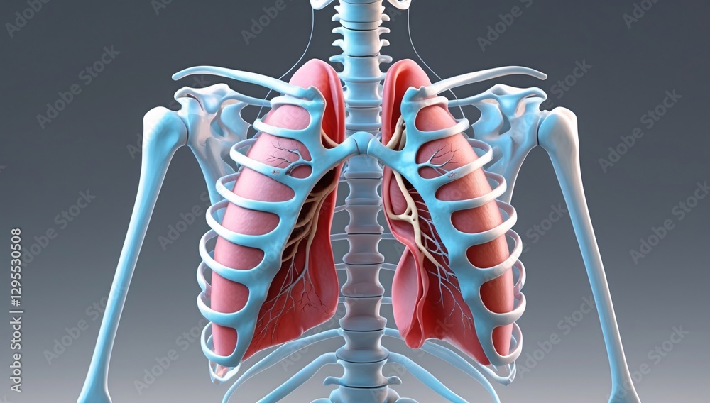 Detailed 3D Model of Human Lungs within Rib Cage, Illustrating ...