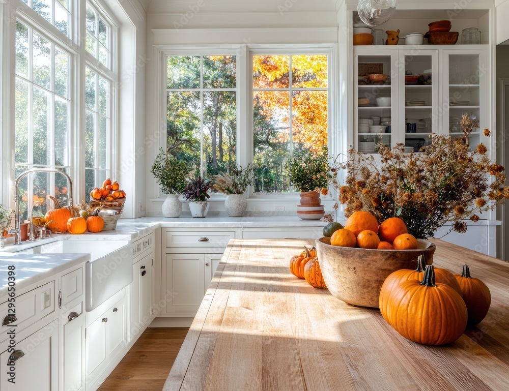 Autumnal kitchen interior with pumpkins and fall decor Stock Photo ...