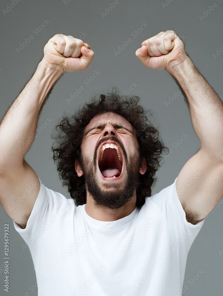 Man expressing intense emotion with arms raised and mouth wide open in ...