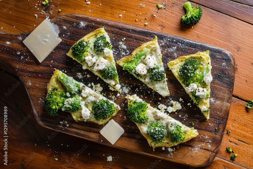 Asymmetrical presentation of frittata triangles with broccoli, goat ...