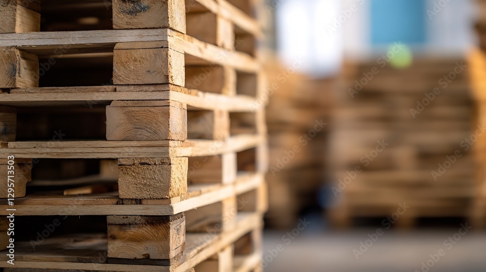 Stacked wooden pallets in a warehouse creating a structured and ...