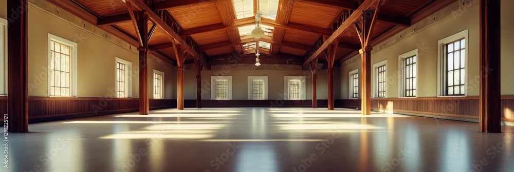 Colonial-era hospital room with high ceilings, wooden support beams ...