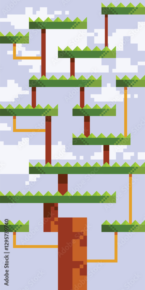 Pixel art arcade game scene with one big tree, branches board, sky and clouds, 8bit background ...