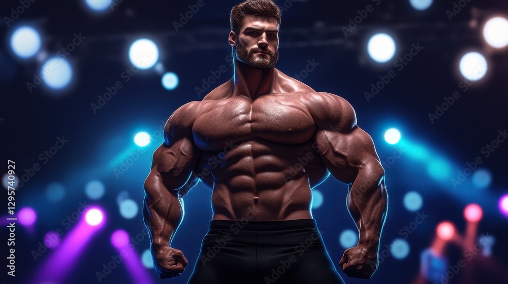 Anime bodybuilder strong shirtless muscular man pose at a bodybuilding ...