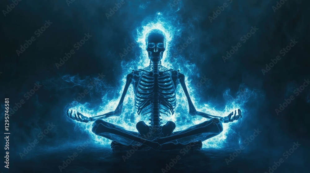 Skeleton sitting cross-legged in a meditation pose, glowing aura ...