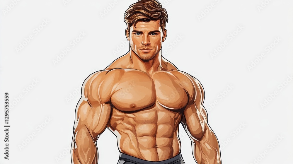 cartoon muscular man with six-pack abs and brown hair - fitness ...