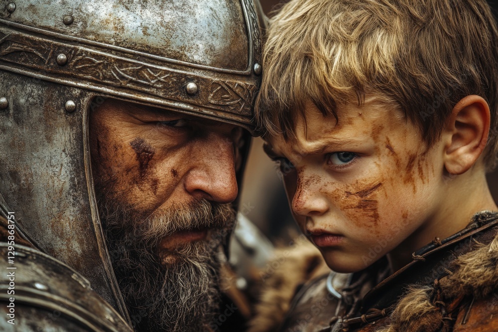 Intense moment between a warrior and a young boy in a medieval ...