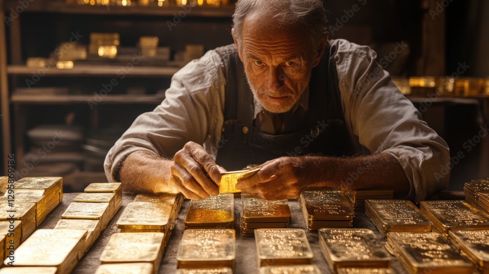 Senior banker inspecting gold bars in bank vault, wealth and investment ...