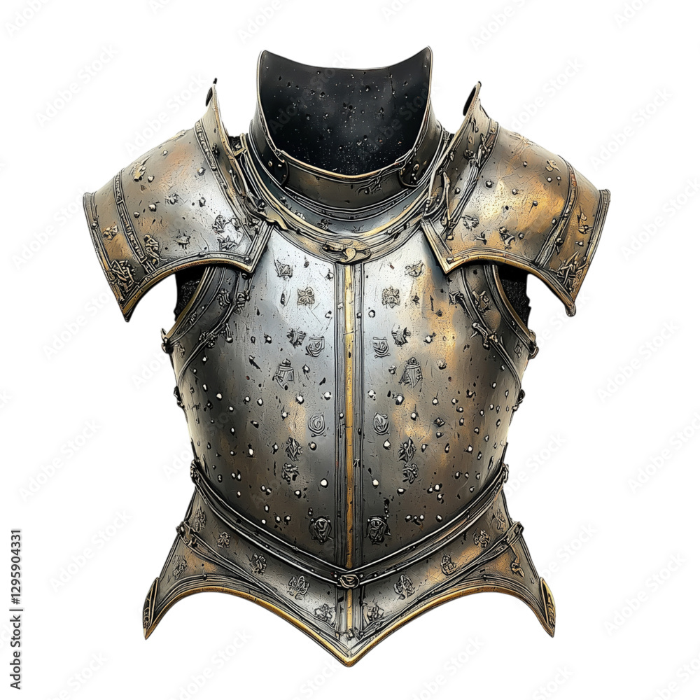 Medieval steel breastplate armor with battle-worn details, isolated on ...