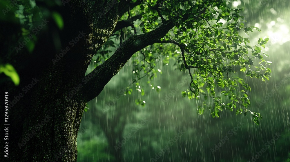 Primer plano de un árbol bajo la lluvia en un bosque verde con gotas ...