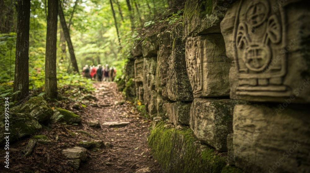 Pilgrimage to the Sacred Grove: Group of Pilgrims on a Narrow Forest ...