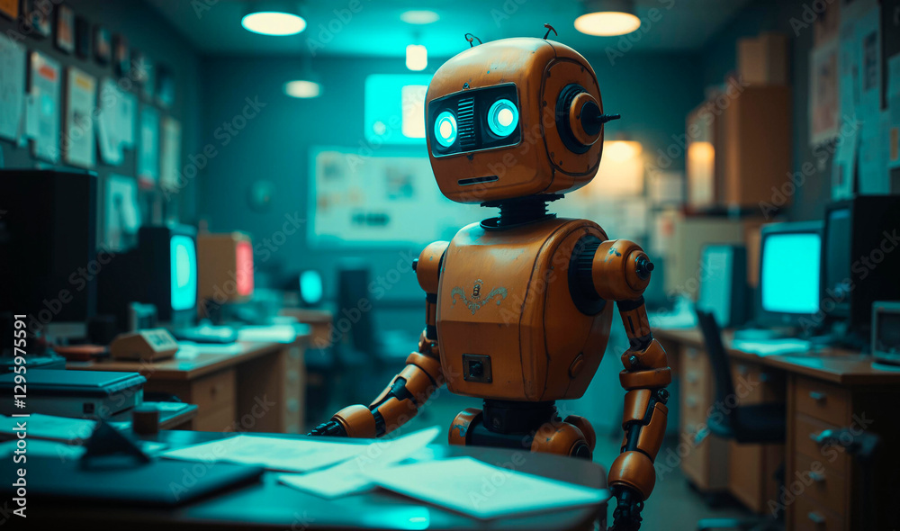 Vintage robot in 80s computer lab with copper accents, blue optics ...