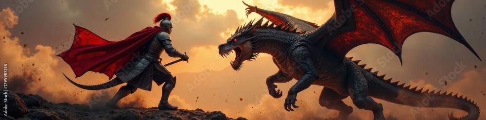 Knight in full armor charging at a fierce dragon, knight, dragon ...