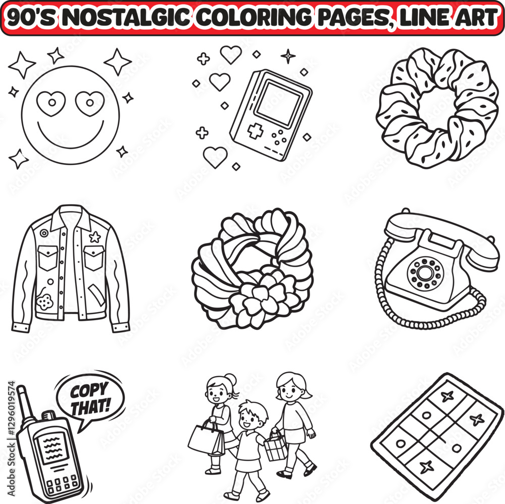 90's Nostalgic coloring pages, Line art vector illustration, bold and ...