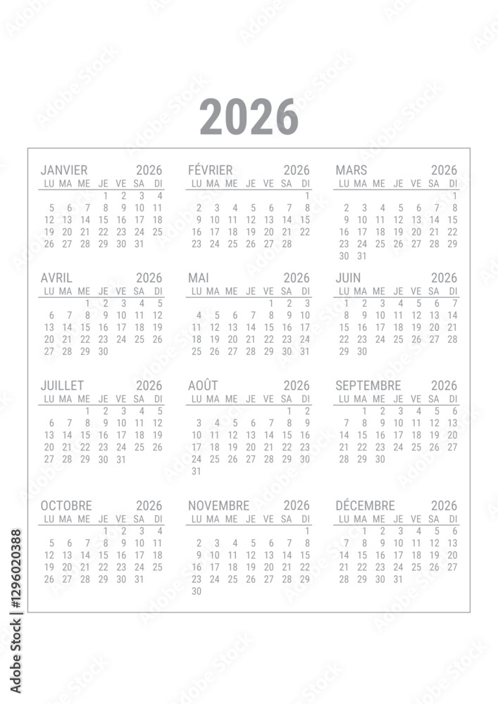 Calendrier 2026 à imprimer Annuel A4 Stock Vector | Adobe Stock