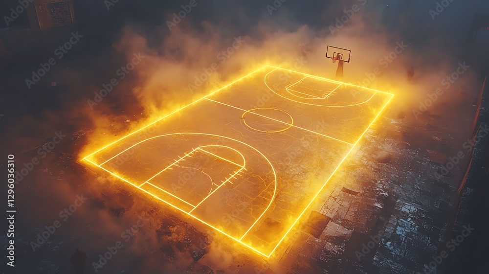Illuminated basketball court surrounded by smoke, creating a dramatic ...