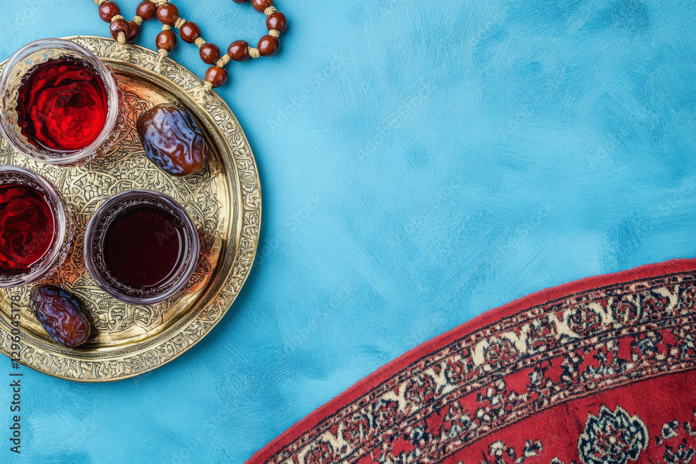 golden tray adorned with Muslim prayer beads, dates, and Arabic tea ...