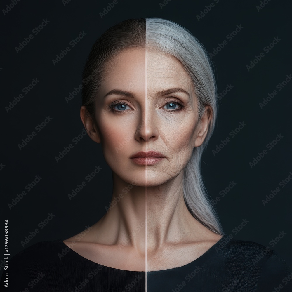 Split face showing the effects of aging on a woman's skin. One side ...