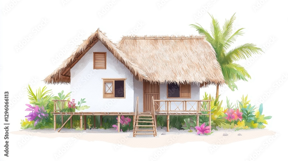 Charming watercolor illustration of a Filipino Bahay Kubo, featuring ...