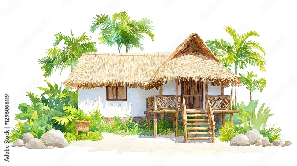 Charming watercolor illustration of a Filipino Bahay Kubo, featuring ...