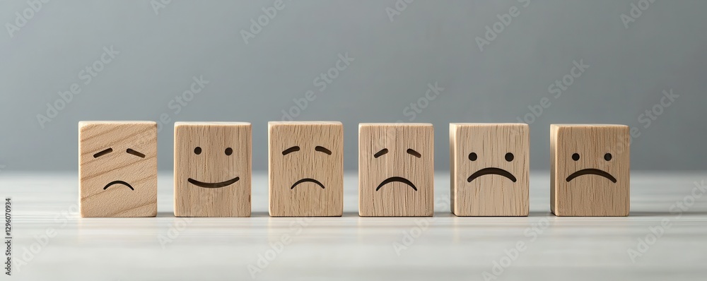 Five wooden blocks display a range of facial expressions, from happy to ...