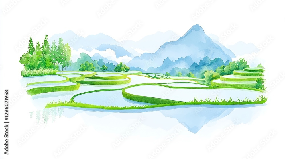 Wholesome watercolor illustration of rural rice terraces, tiered fields ...