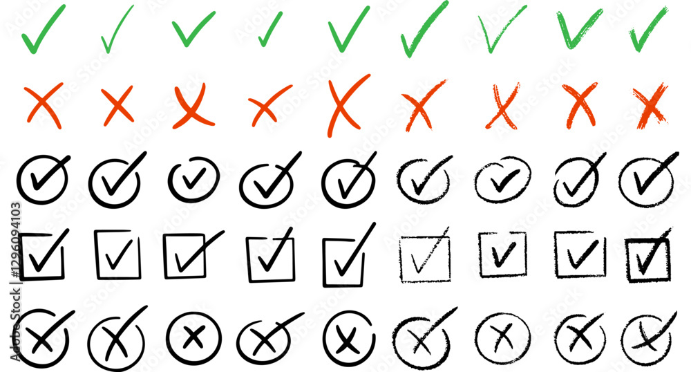 Check marks doodle set. Vote, yes, no, checkbox, checklist, tick and ...