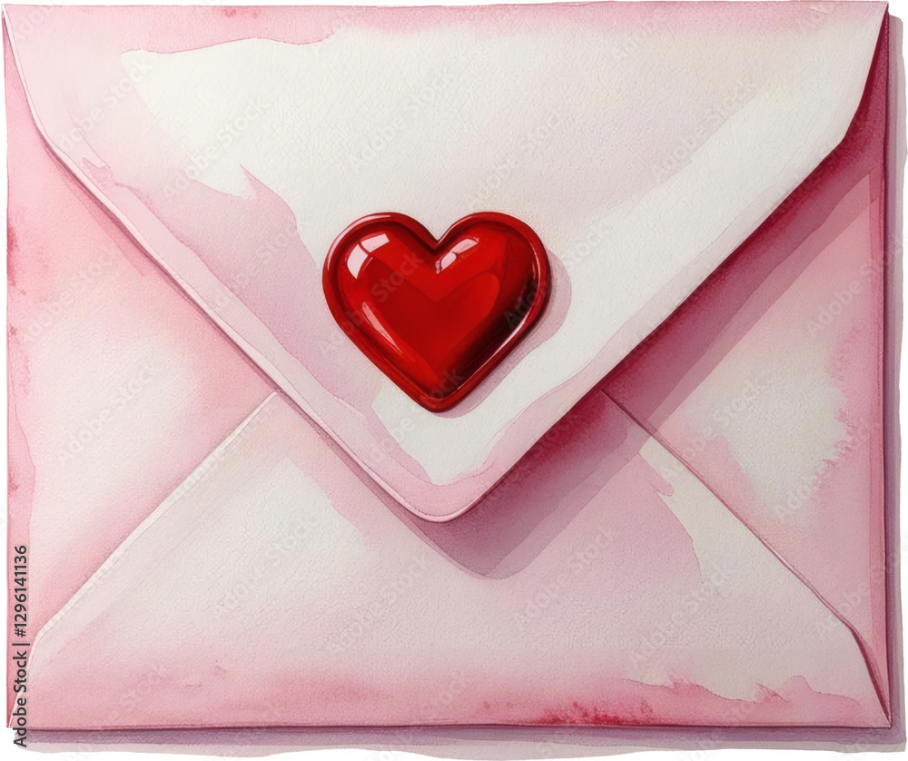 watercolor-style illustration of a pink envelope with a red heart ...