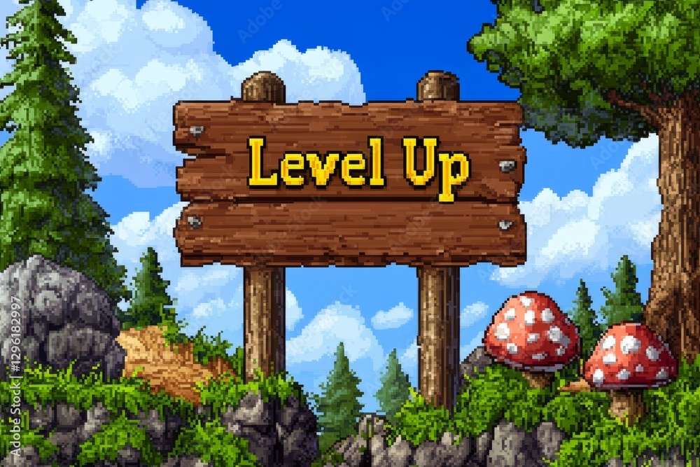 Pixel art game style: A billboard with the text "Level Up" in a ...
