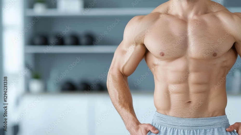 Muscular well defined male physique wearing gray athletic clothing ...