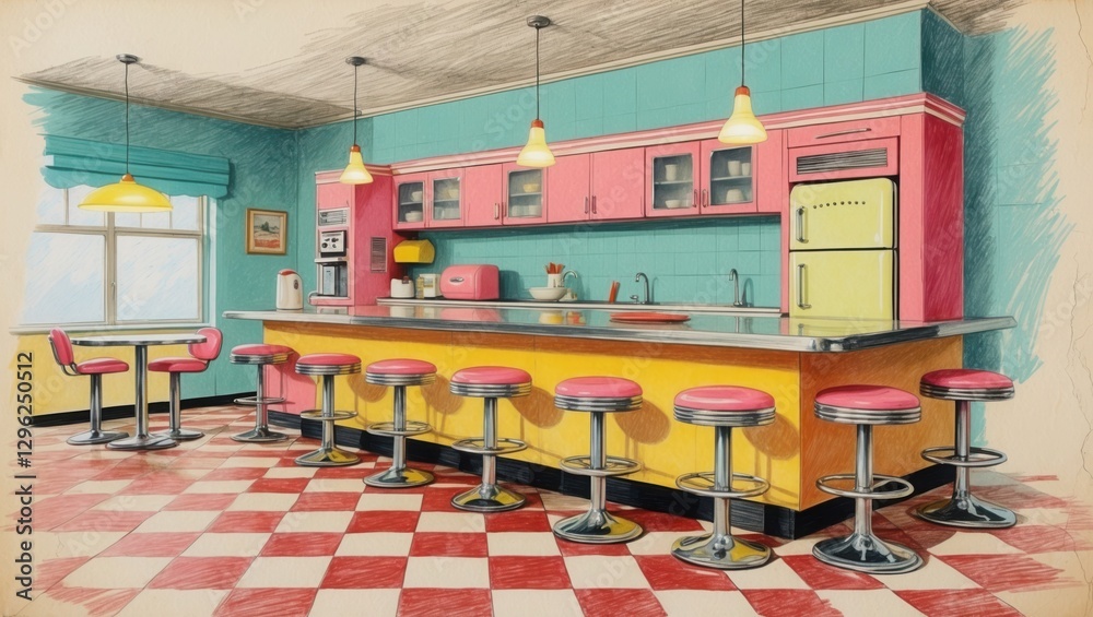 Retro Diner Interior Hand Drawing. Kitchen scene shows counter stools ...