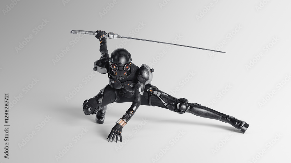 Beautiful brave sci-fi female cyborg assassin wears shiny black metal ...