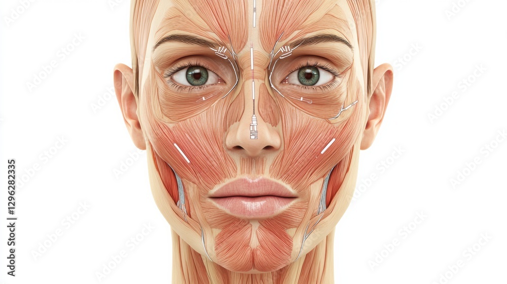 Detailed medical illustration of female facial anatomy with Botox ...