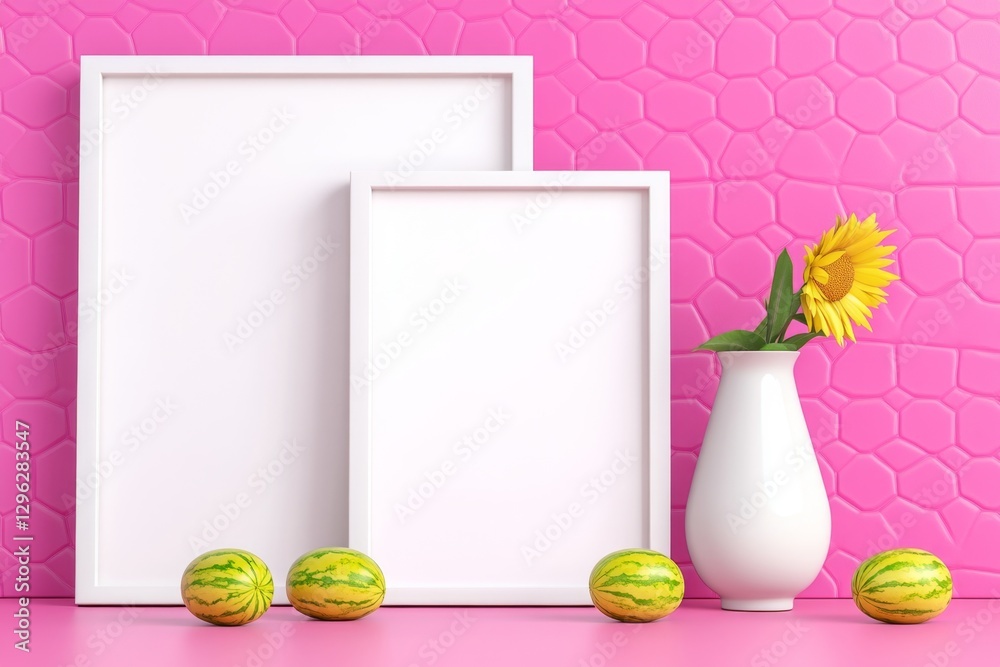 Two white poster frames stacked on top of each other, above a kitchen ...