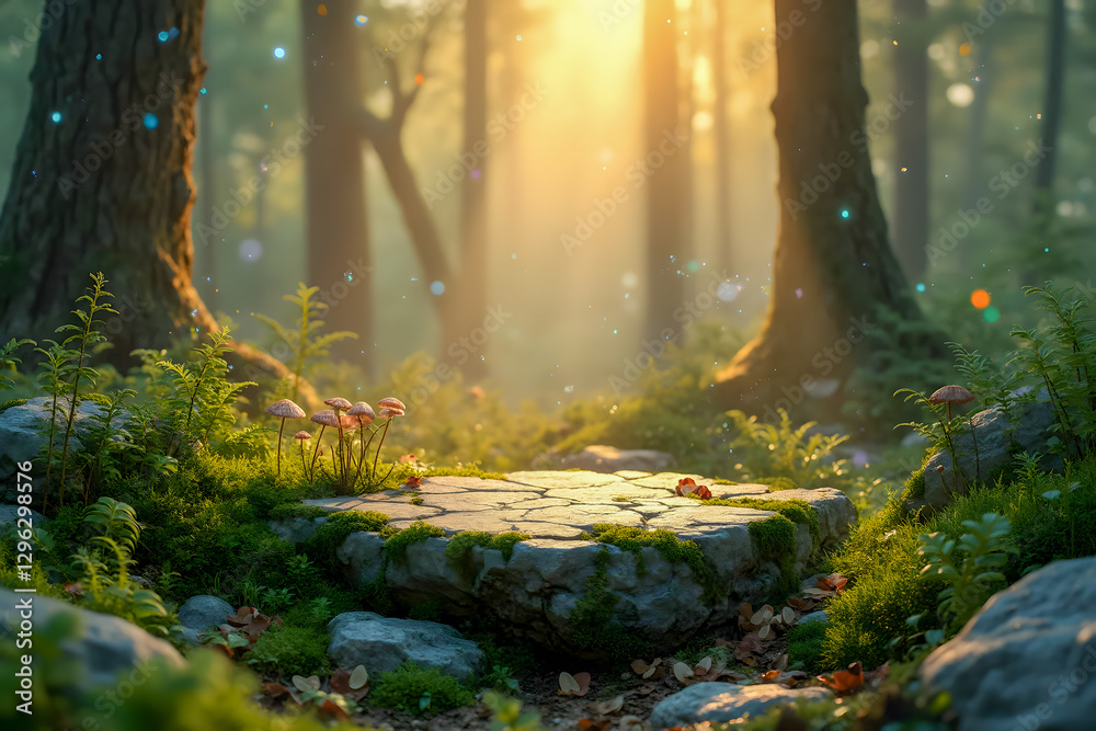 Product presentation stone platform in a magical forest background with ...