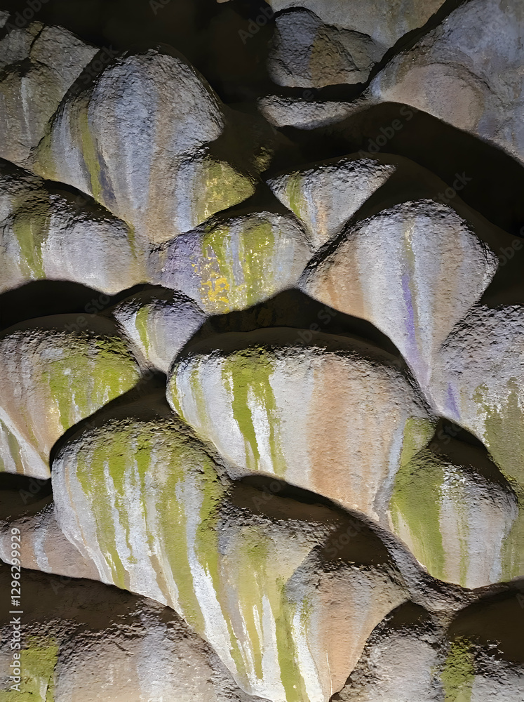 Artificial light revealing colorful mineral formations draping rocky ...