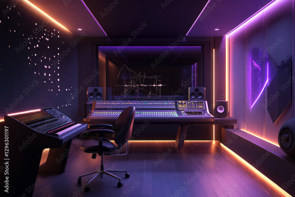 A high-end recording studio 3D background room with dark acoustic ...