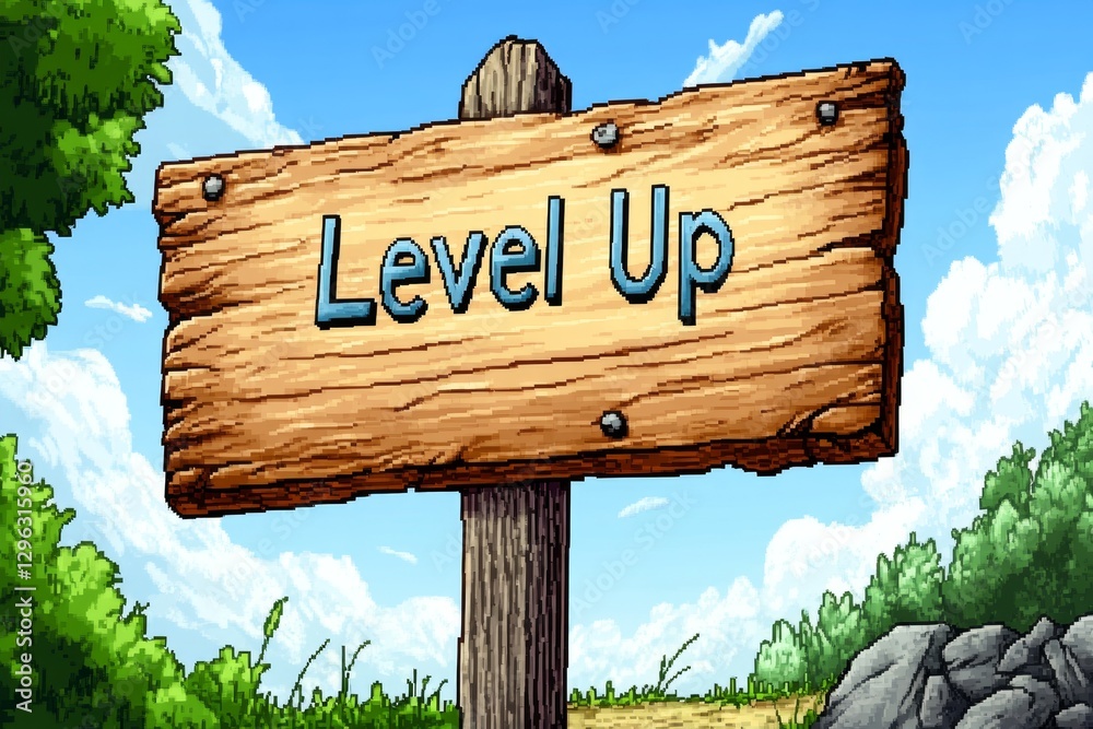 Pixel art game style: A billboard with the text "Level Up" in a ...