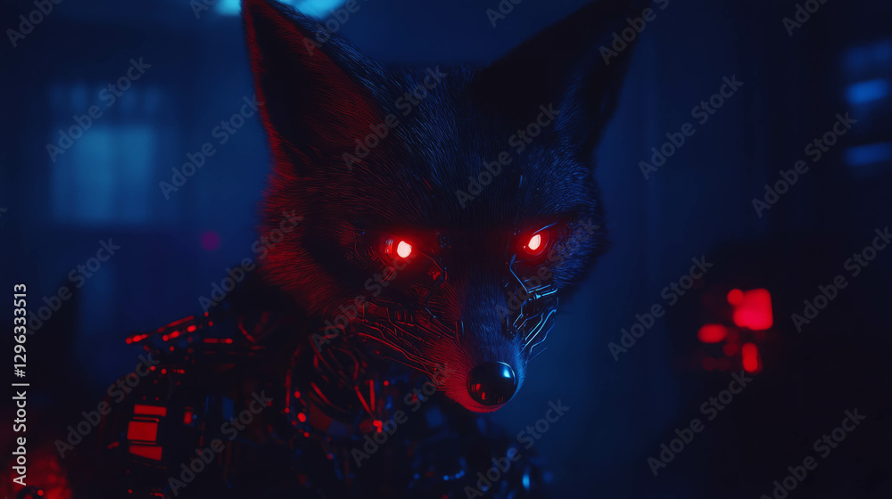 Futuristic robotic fox with glowing eyes in a dark sci-fi atmosphere ...