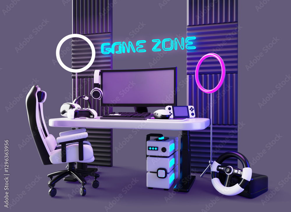 Game zone 3d room interior with setup for playing and streaming at ...