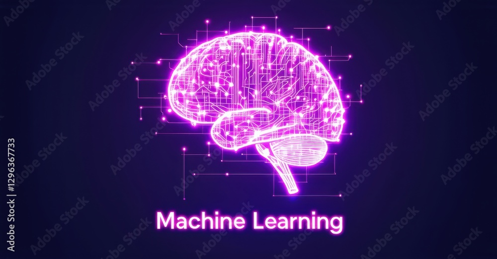 Neon sign machine learning brain pulsating light nodes bright ...