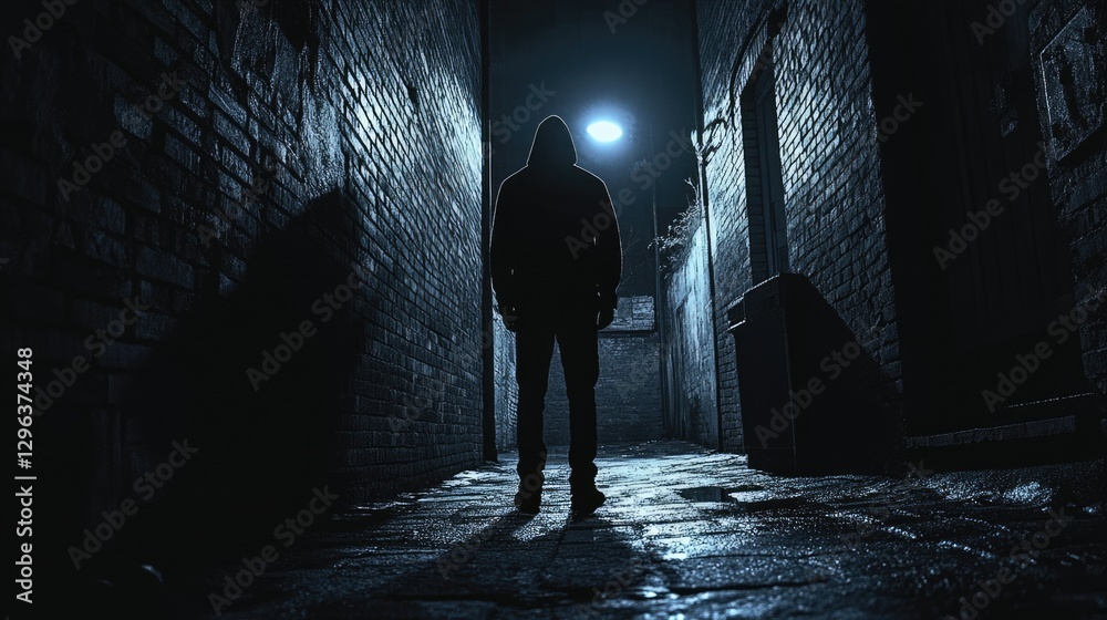 Thief guy, criminal scene of crime. Hooded dangerous man stand dark ...