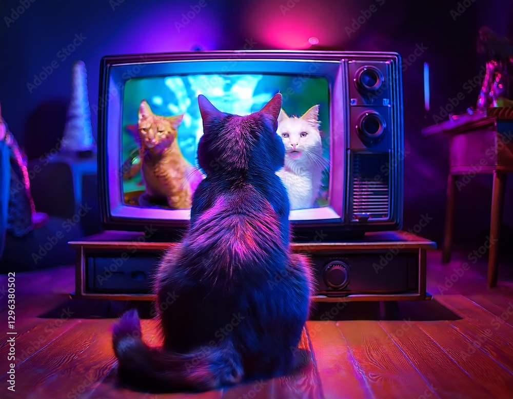 back of a cat; full body; sitting in a dark room; staring at another ...