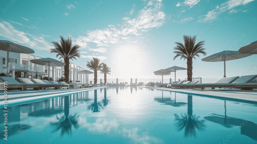 Sea view.Luxury modern white beach hotel with swimming pool. Sunbed on ...