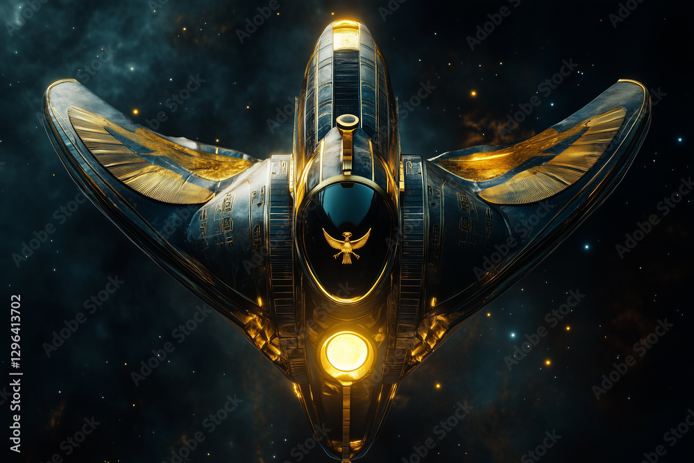 Advanced Egyptian spacecraft designed with intricate gold detailing and ...