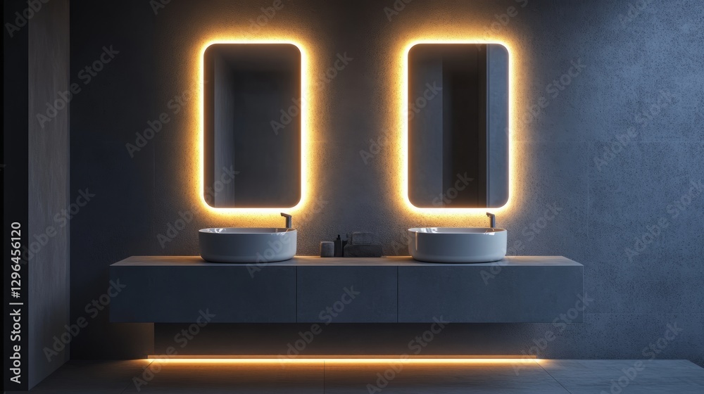 Luxury bathroom with floating vanities, hidden LED strip lighting, and ...
