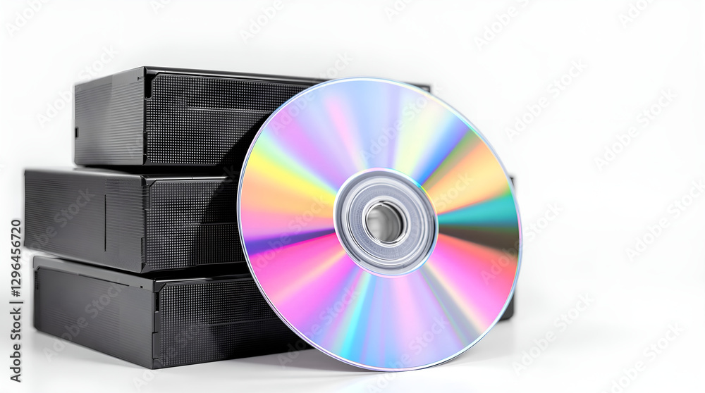 Stack of black VHS tapes with a colorful CD leaning against them ...