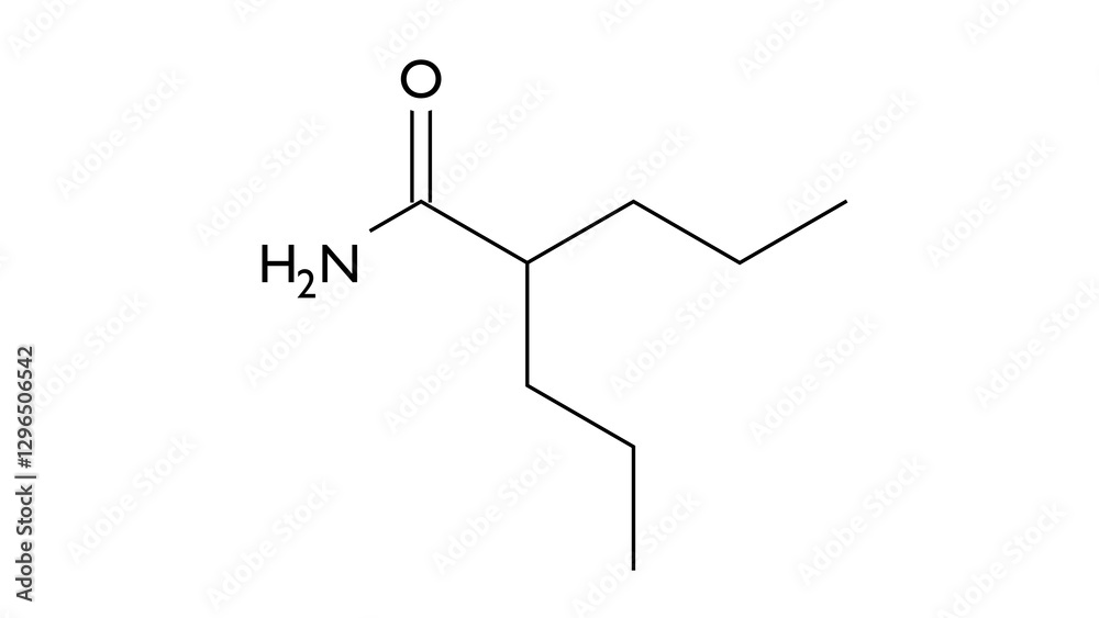 valpromide molecule, structural chemical formula, ball-and-stick model ...