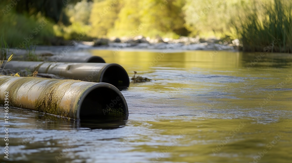 Industrial wastewater pipes dumping polluted liquid into a natural ...