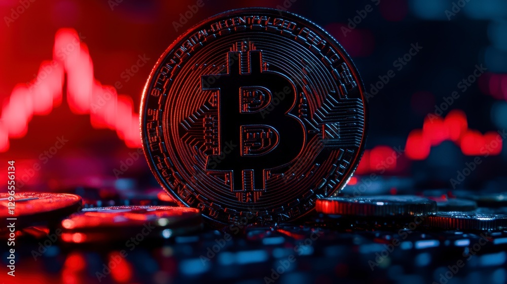 Bitcoin coin against red market graph, digital currency volatility ...